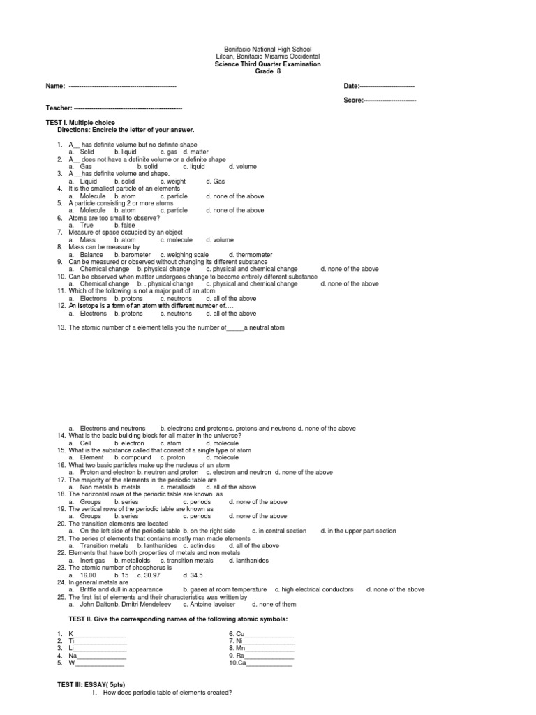 Grade 8 Exam | PDF | Atoms | Periodic Table