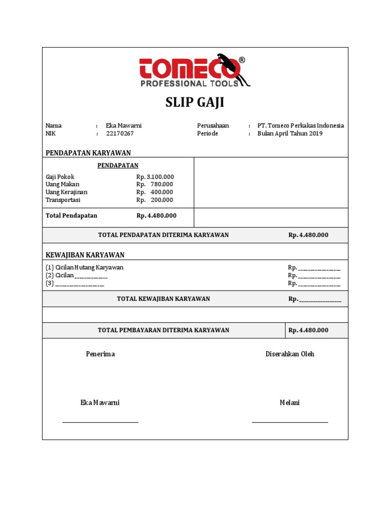 Slip Gaji Eka Mawarni April 2019 | PDF | Bisnis | Pengelolaan Keuangan & Uang