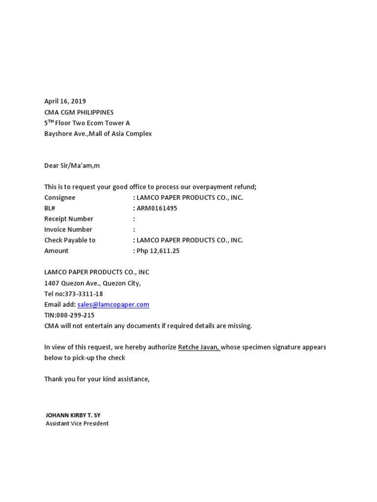Refund Letter CMA CGM | PDF