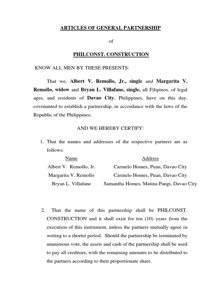 Articles of General Partnership | PDF | General Partnership | Partnership