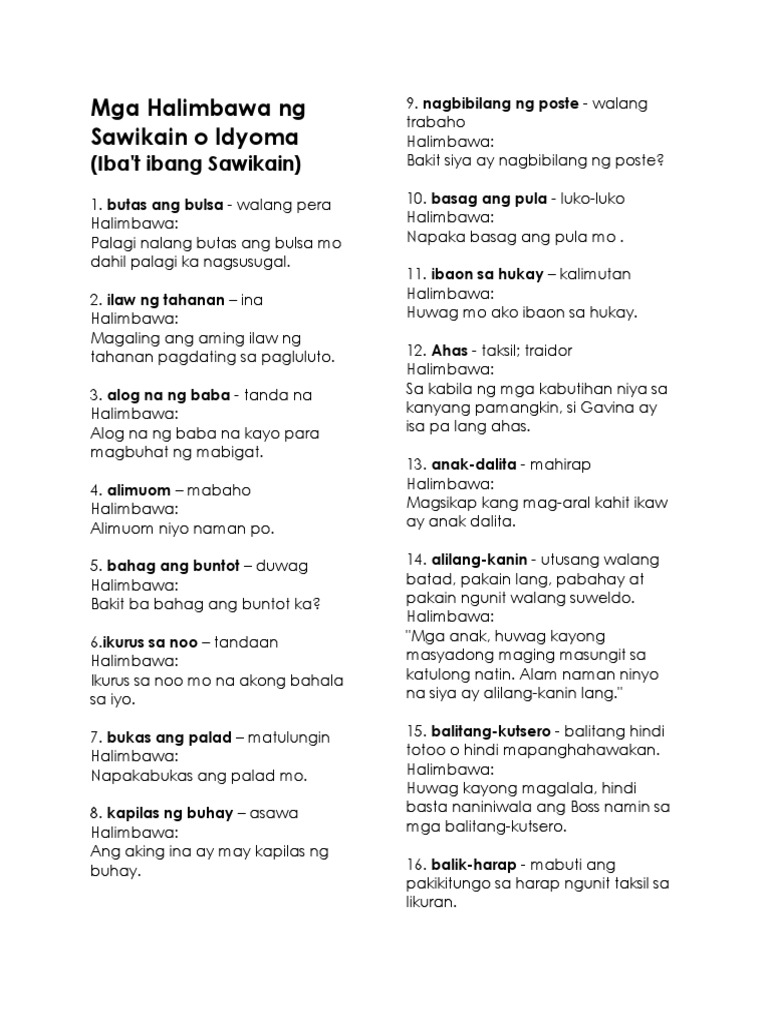 Mga Halimbawa NG Sawikain o Idyoma | PDF