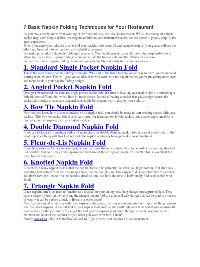 7 Basic Napkin Folding Techniques For Your Restaurant | PDF ...