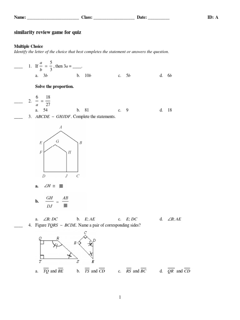 Similarity Review Quiz and Answers | PDF | Triangle | Euclid