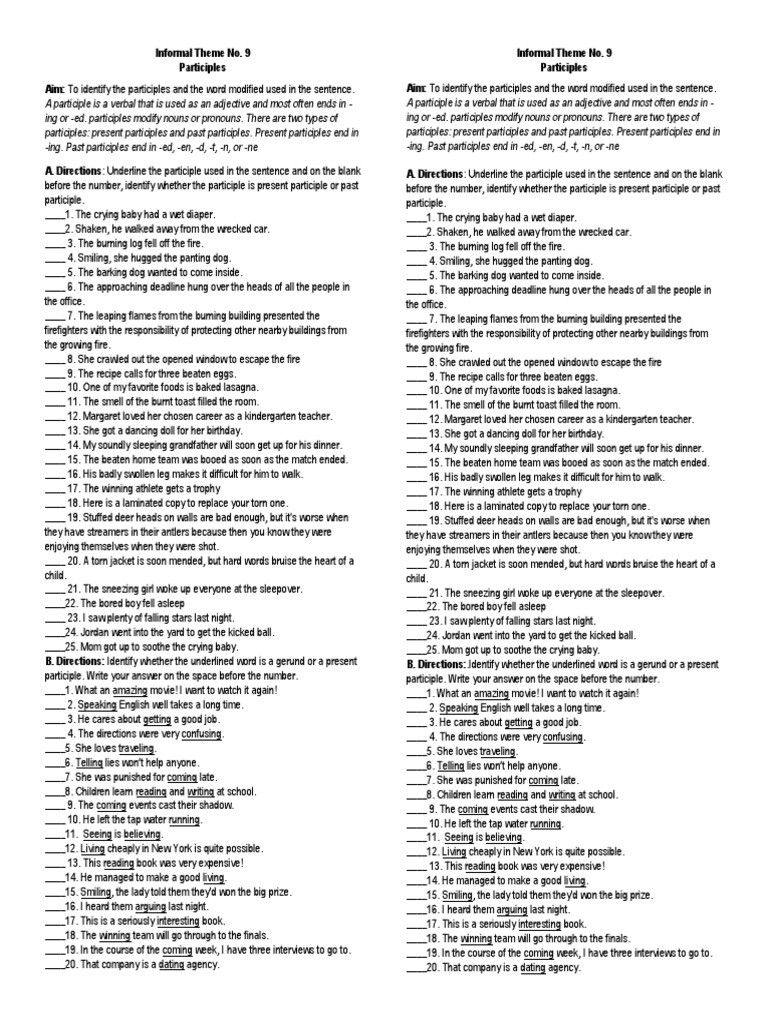 Participles Worksheet | PDF | Adjective | Syntax