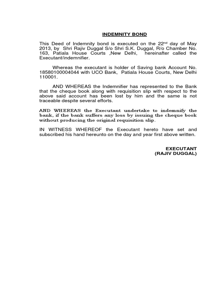 INDEMNITY BOND - Loss of Cheque Book U | PDF | Indemnity | Cheque