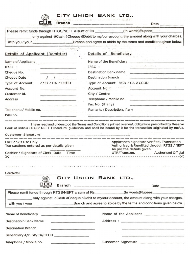 City Union Bank RTGS Form NEFT Form PDF | PDF