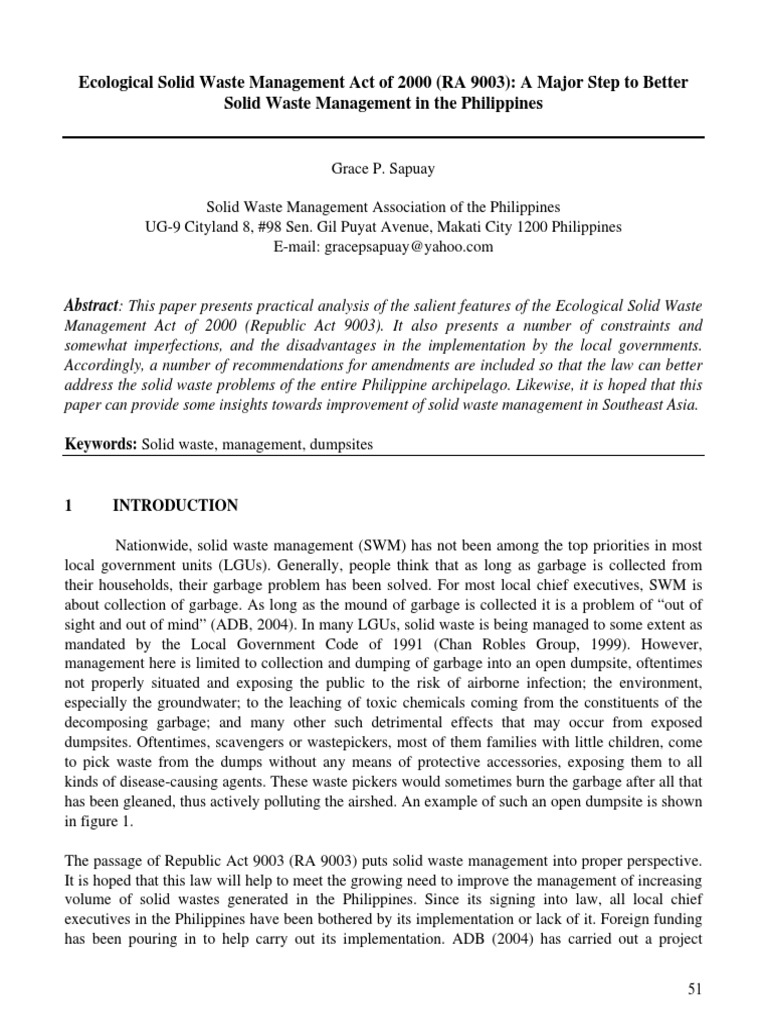 Ecological Solid Waste Management Act of PDF | PDF | Waste Management ...
