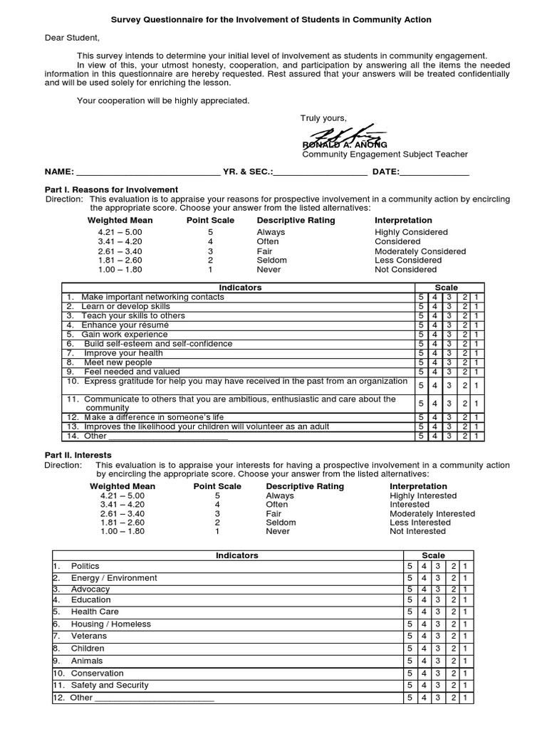 Survey Questionnaire For The Involvement of Students in Community ...