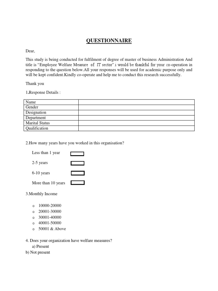 Employee Welfare Survey Questionnaire | PDF | Employment | Welfare