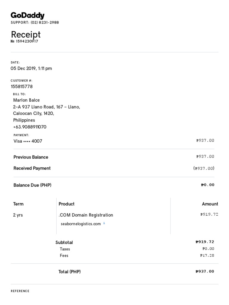 Receipt for .COM Domain Registration Payment | PDF