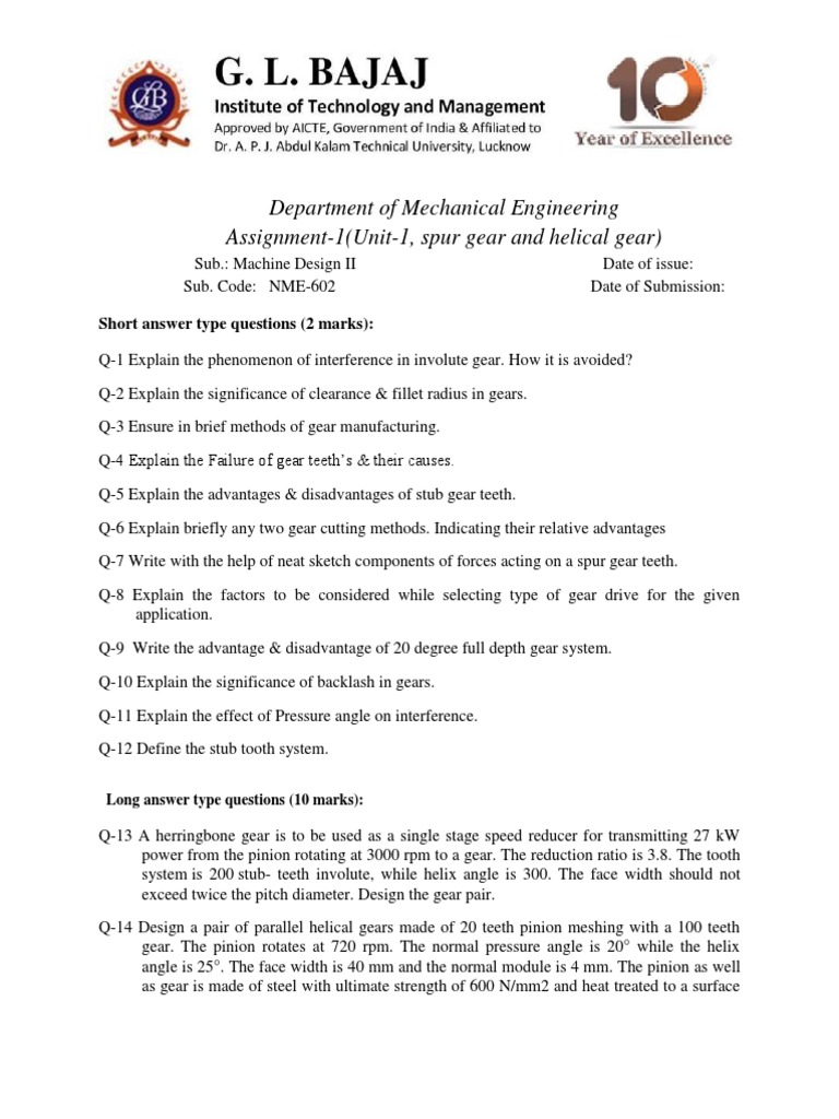 ASSIGNMENTS OF MD II New Format | PDF | Gear | Piston