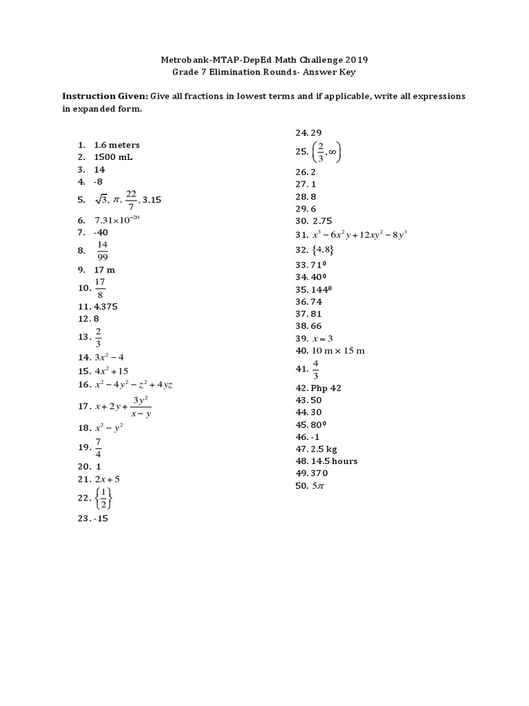 2018-2019 Grade 7 Elimination Answer Key | PDF | Teaching Methods ...