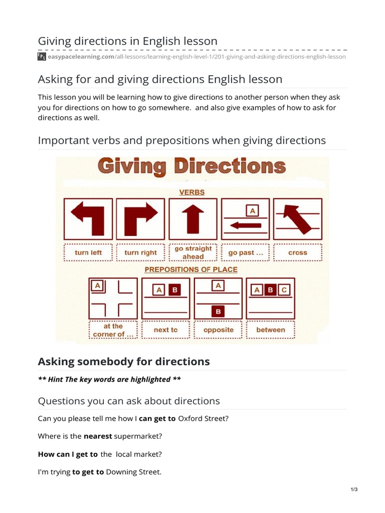 Giving Directions in English Lesson | PDF | Languages | Language Arts ...