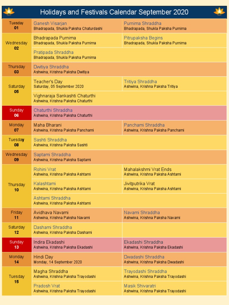 Festival Calendar September 2020 | PDF | Religious Holidays | Religious ...