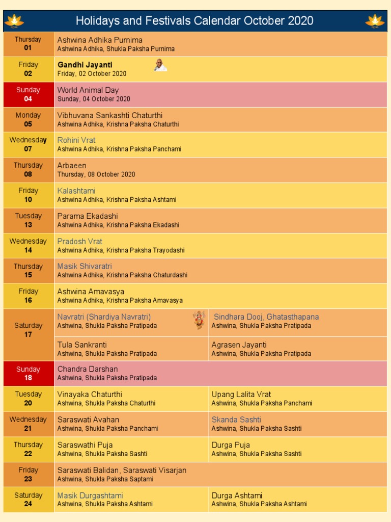 Festival Calendar October 2020 | PDF | Hindu Behaviour And Experience ...