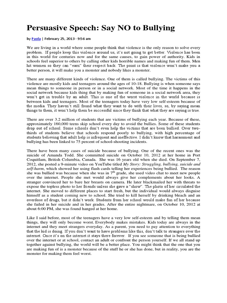 Persuasive Speech | PDF | Bullying | Aggression
