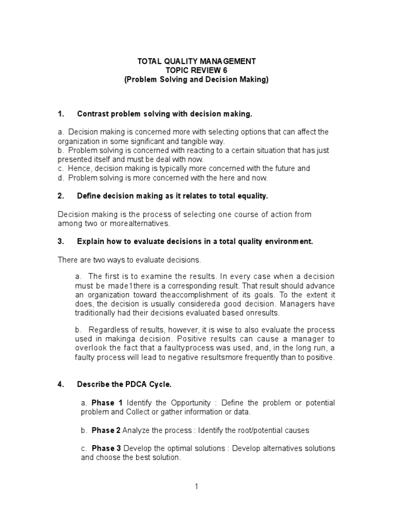 Topic 6 Review (Answer) - TQM | PDF | Decision Making | Scientific Method