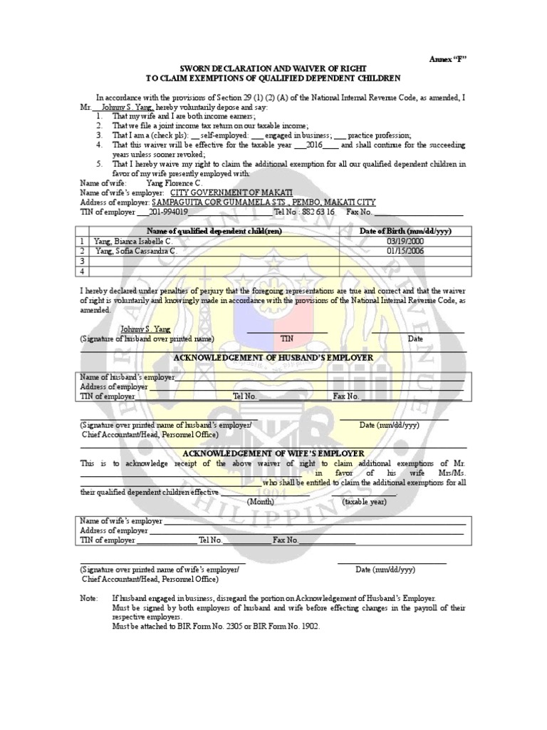 Sworn Declaration and Waiver of Right - Fcy | PDF | Government Finances ...