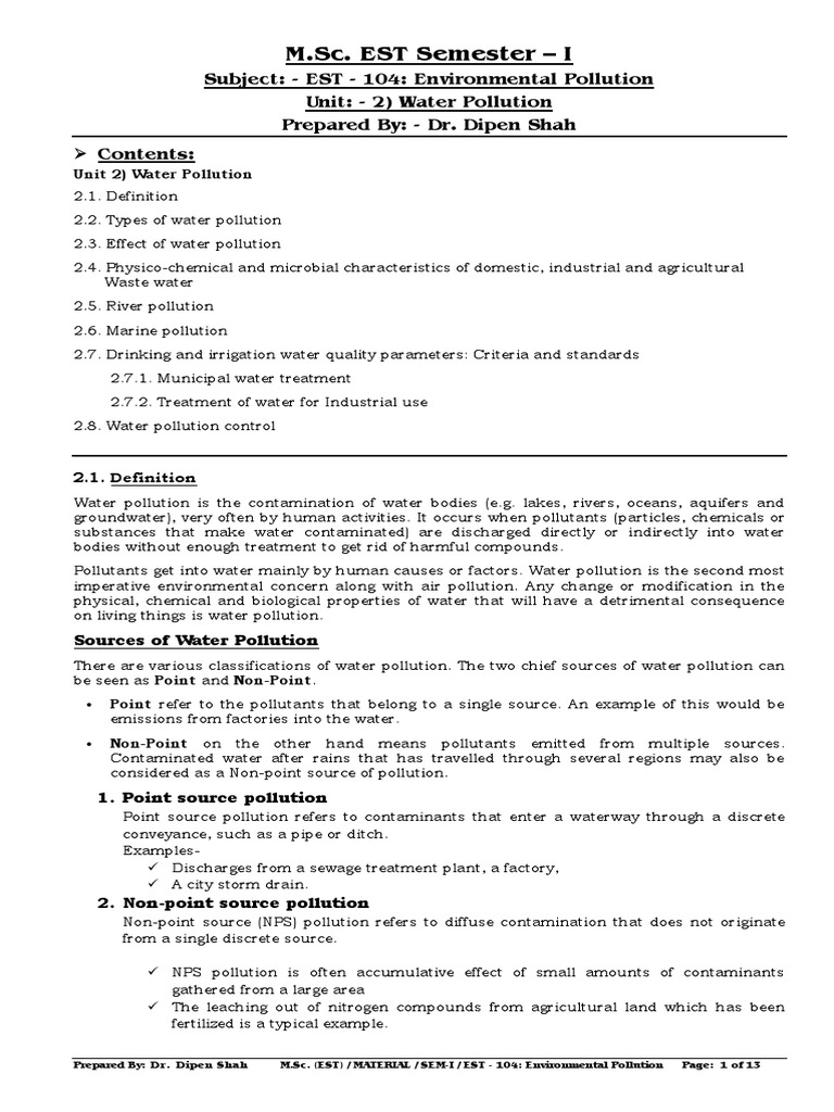 Water-Pollution Notes | PDF | Sewage Treatment | Water Pollution