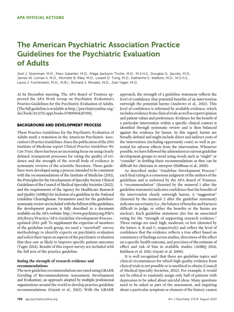 APA Practice Guidelines For The Psychiatric Evaluation of Adults | PDF ...