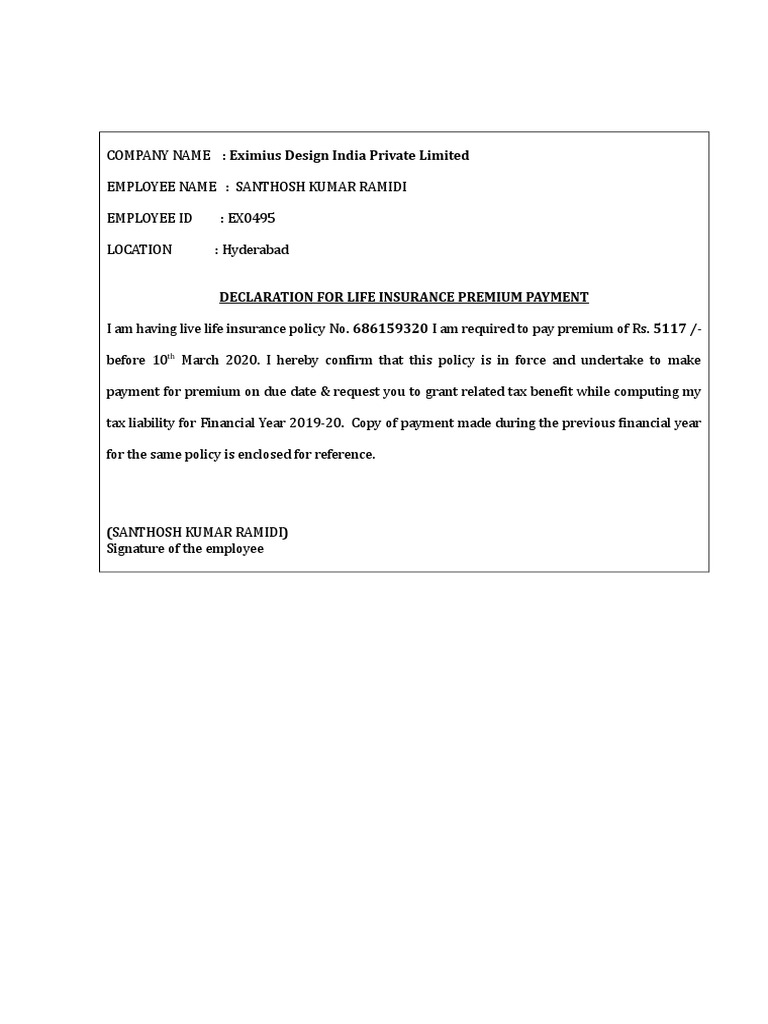 LIC Premium Payment Declaration | PDF