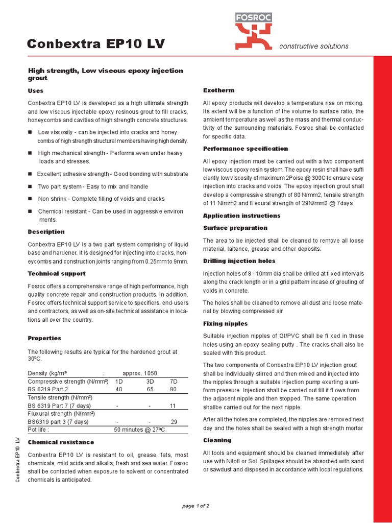 Conbextra EP10 LV Grouting Guide | PDF | Epoxy | Strength Of Materials