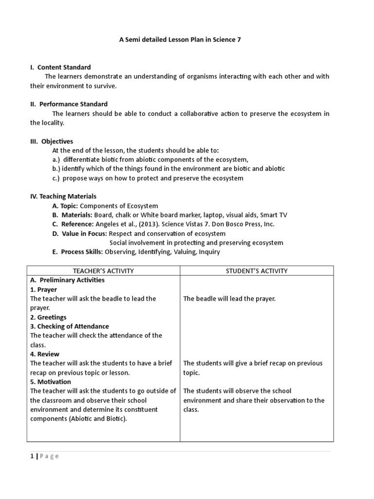 LESSON PLAN ON COMPONENTS OF ECOSYSTEM | Lesson Plan | Teachers