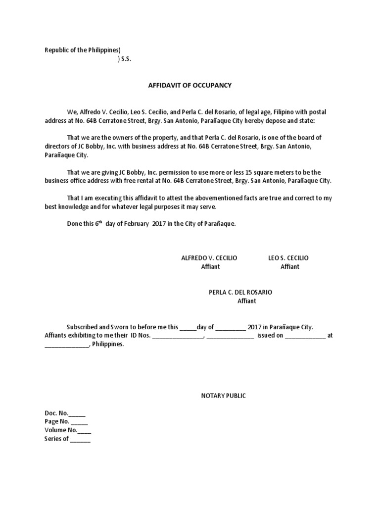 Affidavit of Occupancy SAMPLE | PDF