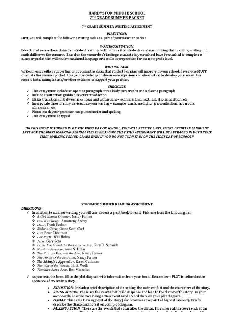 7th Grade Summer Writing Assignment | PDF | Plot (Narrative ...