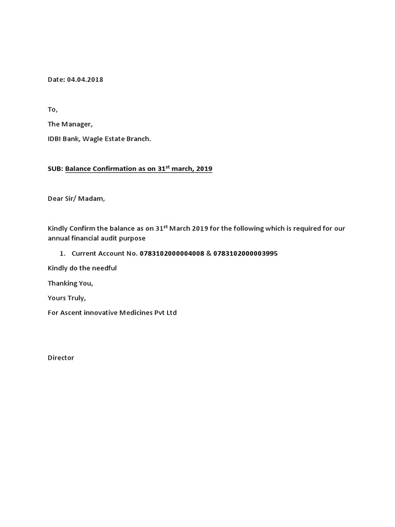 IDBI Bank Balance Confirmation Letter | PDF | Finance & Money ...