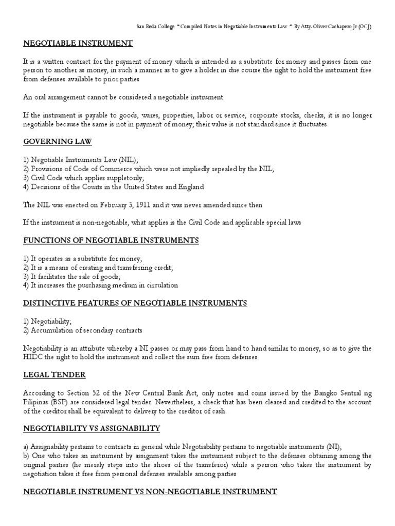 Compiled Notes I Nego | PDF | Negotiable Instrument | Promissory Note