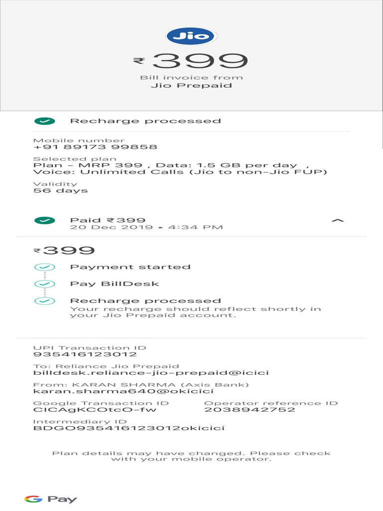 20 Dec 2019 - 399 Bill Invoice From Jio Prepaid On Google Pay PDF | PDF 20 Dec 2019 - 399 Bill Invoice From Jio Prepaid On Google Pay PDF | PDF