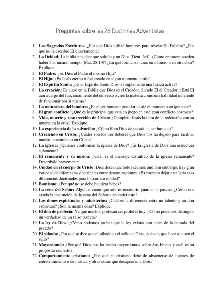 Preguntas Sobre Las 28 Doctrinas Adventistas | PDF | Dios | Jesús