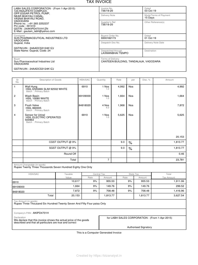 Invoice for Sun Pharmaceutical Industries | PDF | Invoice | Government ...