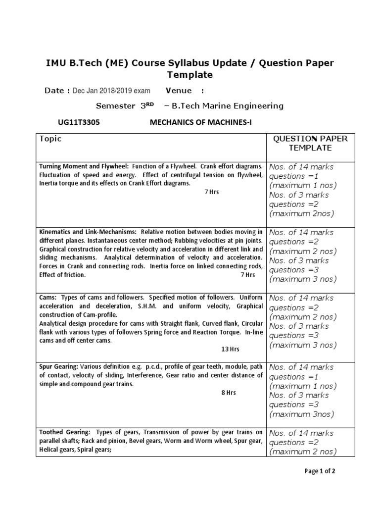 Mechanics of Machine I Question Paper Template-1 | PDF | Gear ...