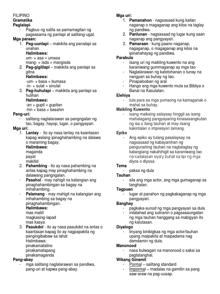 Filipino Reviewer 3rd Quarter | PDF