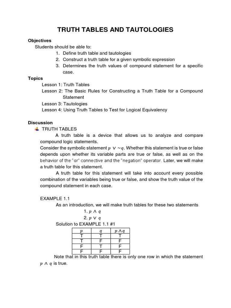Truth Tables and Tautologies | PDF | Truth | Logic