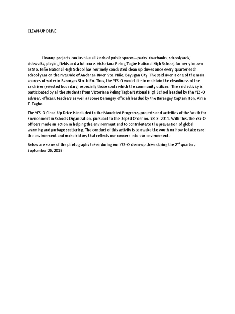 YES-O Clean-Up Drive at Andanan River | PDF | Wellness | Science ...