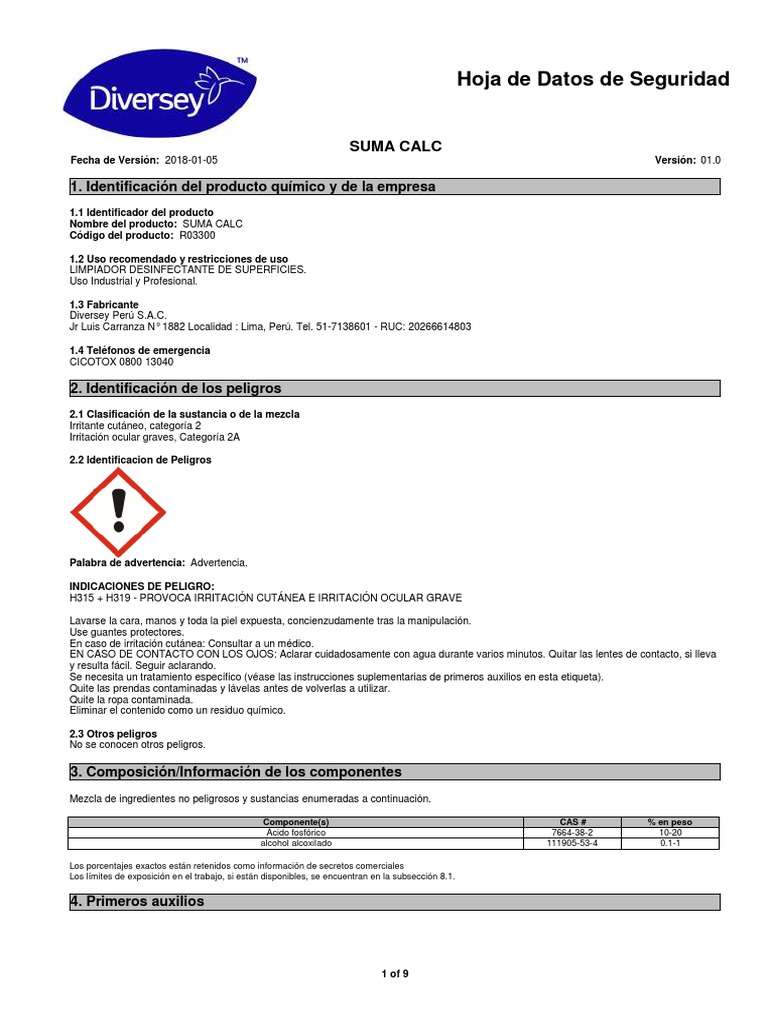 Hoja MSDS Suma Calc | PDF | Agua | Química