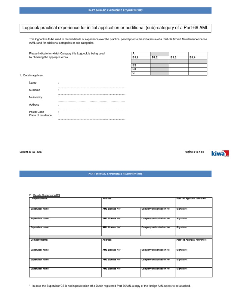 Logging Practical Experience for Part 66 Basic Aircraft Maintenance Licensing Requirements | PDF ...
