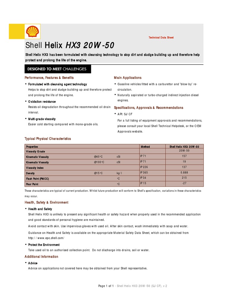 Shell Helix HX3 20W-50 Specifications | PDF | Chemistry | Nature