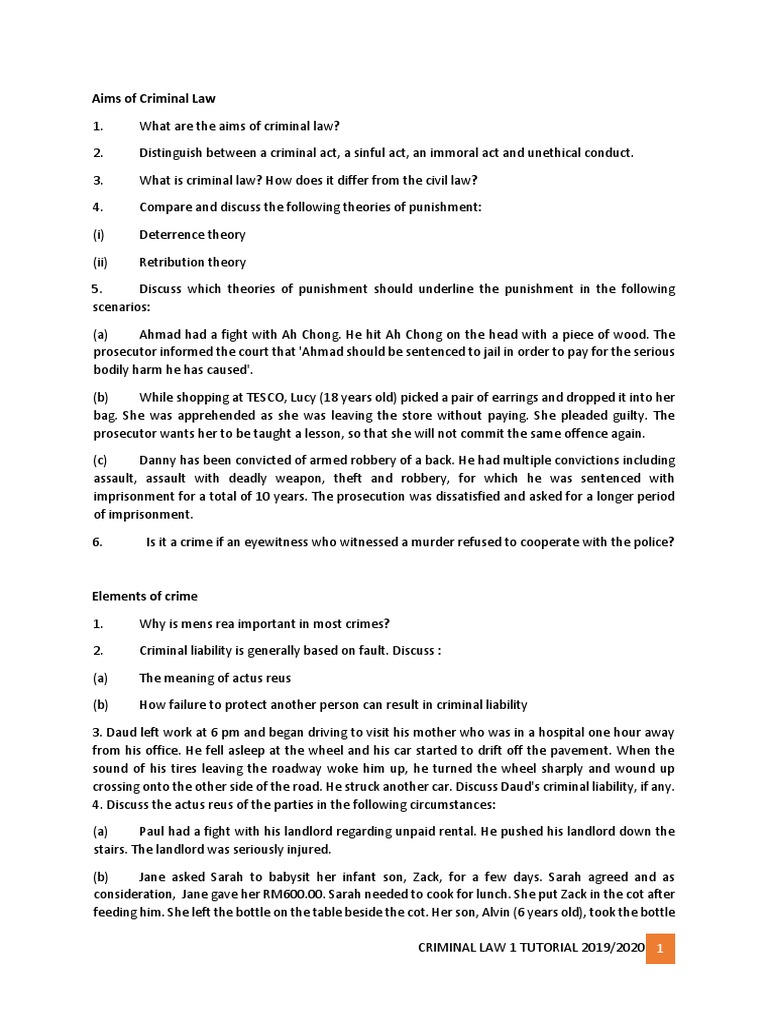 Criminal Law Tutorial Overview 2019/2020 | PDF | Mens Rea | Crime ...