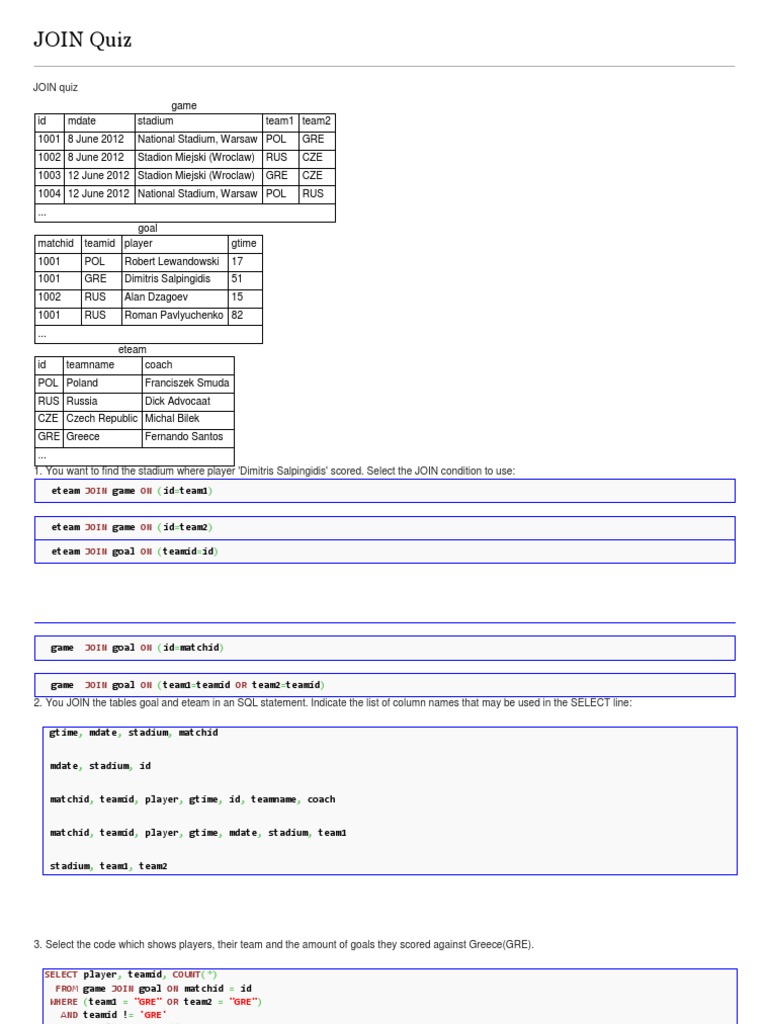 JOIN Quiz - SQLZOO | PDF | Sportspeople | European National Association Football Teams
