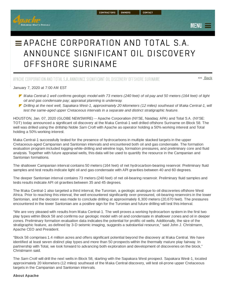 Apache Corporation (NYSE, Nasdaq: APA) and Total S.A. (NYSE:TOT) Today ...
