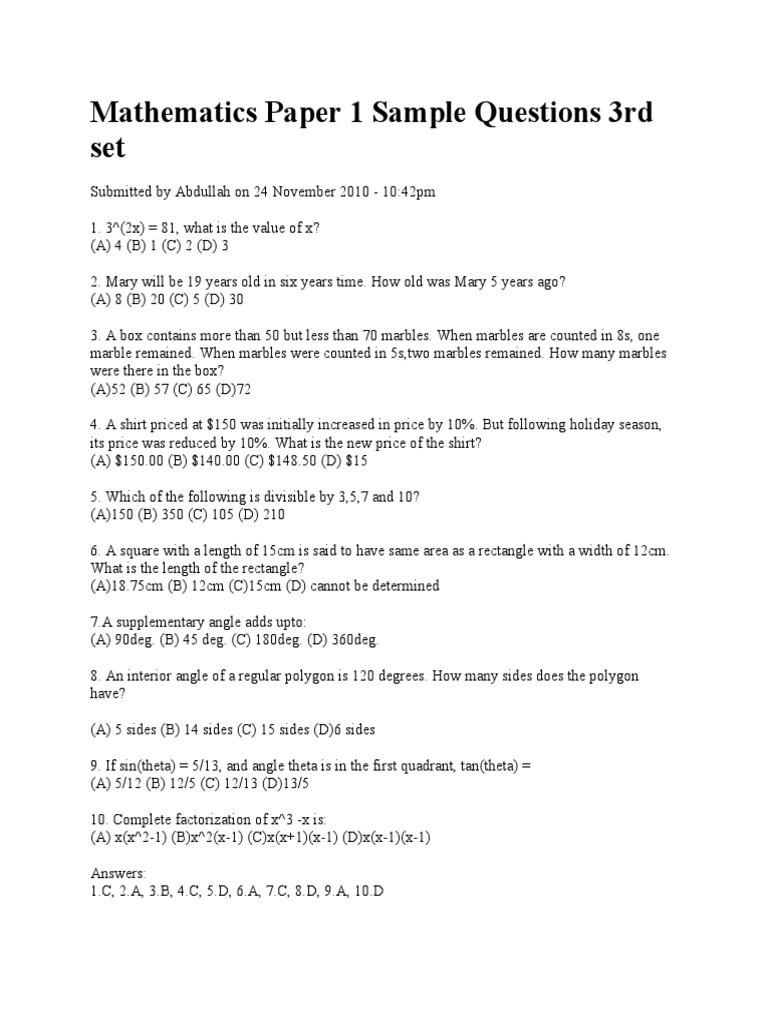 Sample Math Questions Set 3 | PDF | Teaching Methods & Materials