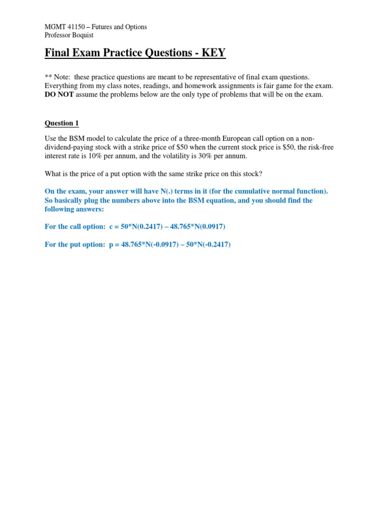 MGMT 41150 Final Practice Questions - Key | PDF | Put Option | Option ...