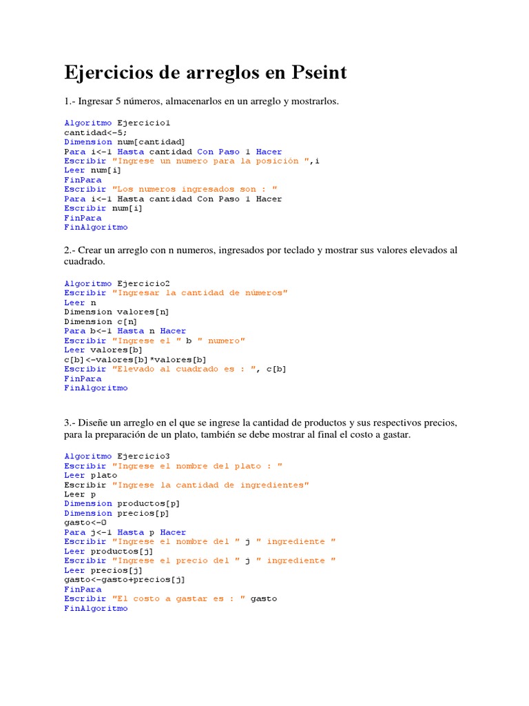 Ejercicios de Arreglos en PSein | PDF | Estructura de datos de matriz ...