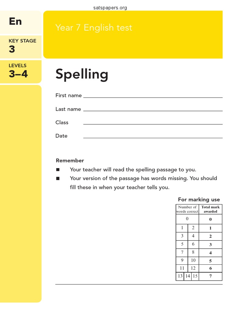 KS3 Year 7 2007 English - Level 3-4 - Spelling | Download Free PDF ...
