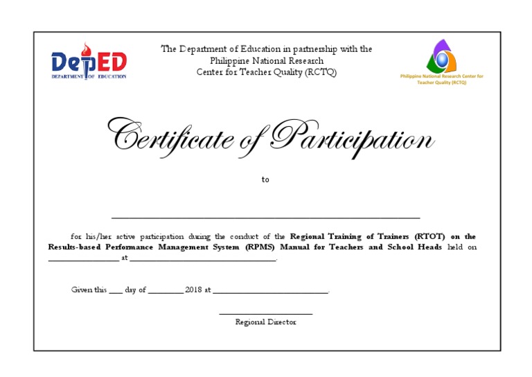 Certificate of Paticipation RTOT RPMS Template | PDF