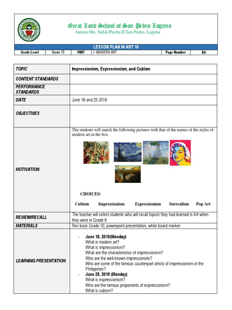 Lesson Plan in Art 10 | PDF | Impressionism | Modern Art